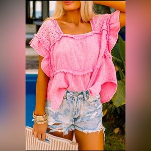 Tops | Last One Salmon Pink Eyelet Ruffle Top S M L | Poshmark